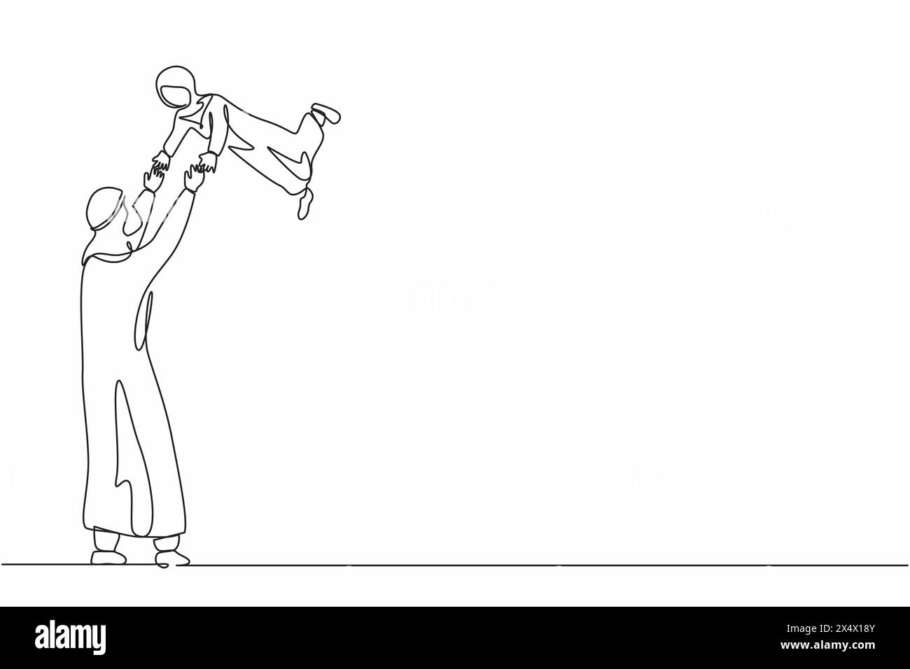 Single continuous line drawing Arab dad carry his daughter. Father's ...