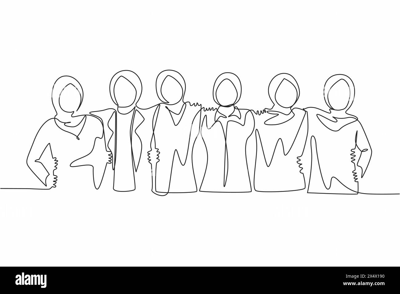 Continuous one line drawing group of Arabian women hugging. Female ...