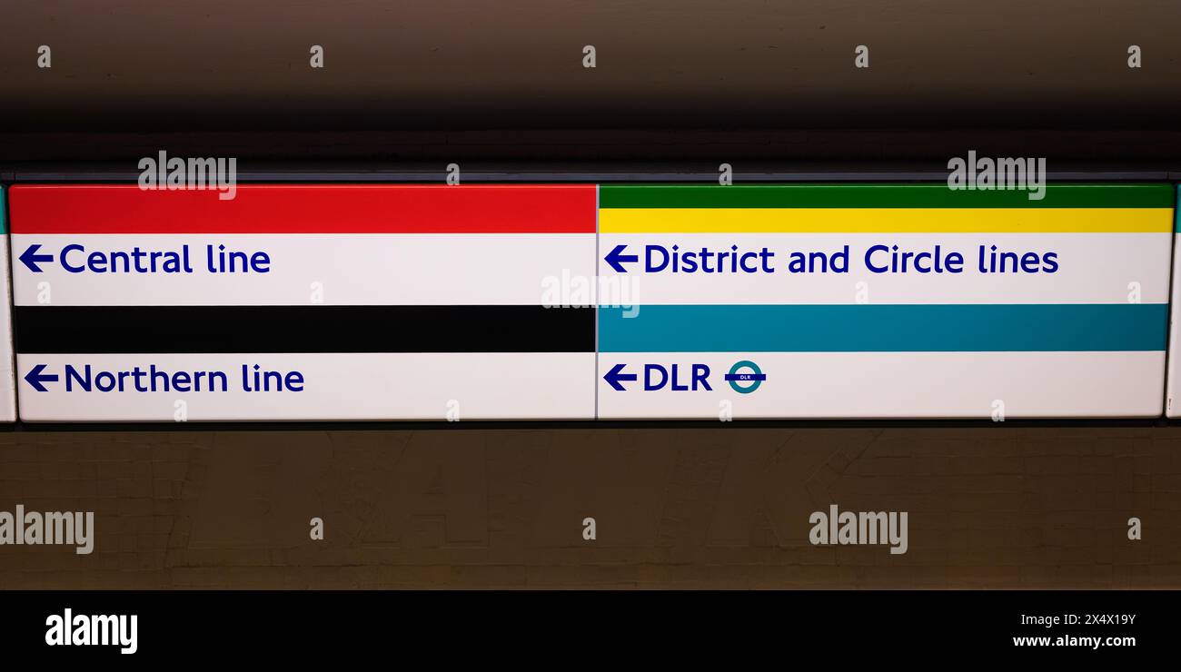 London, UK - March 25, 2024; London Underground colored direction sign ...