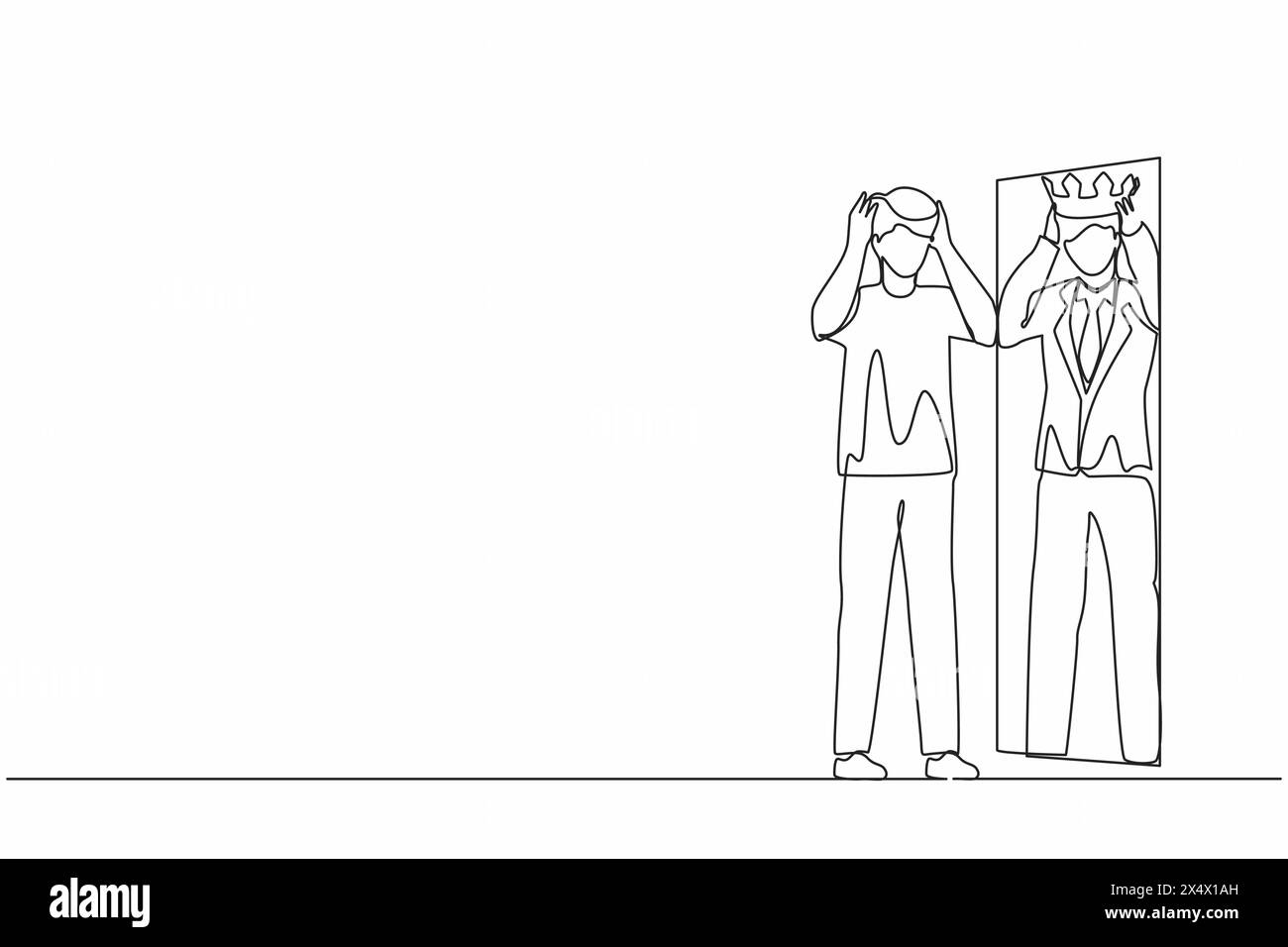 Single one line drawing narcissistic businessman looking at mirror and ...