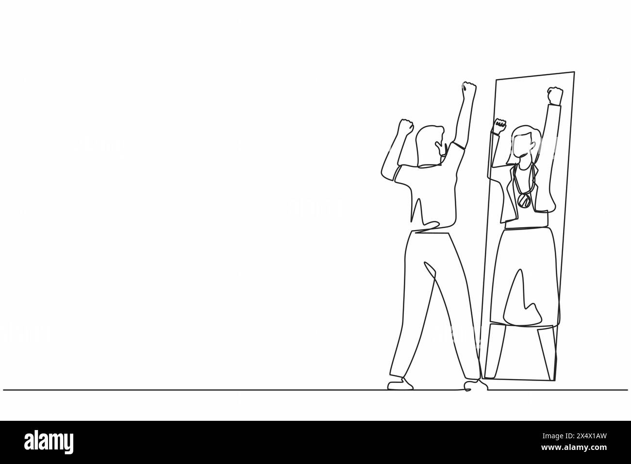 Single continuous line drawing narcissistic businesswoman looking at ...