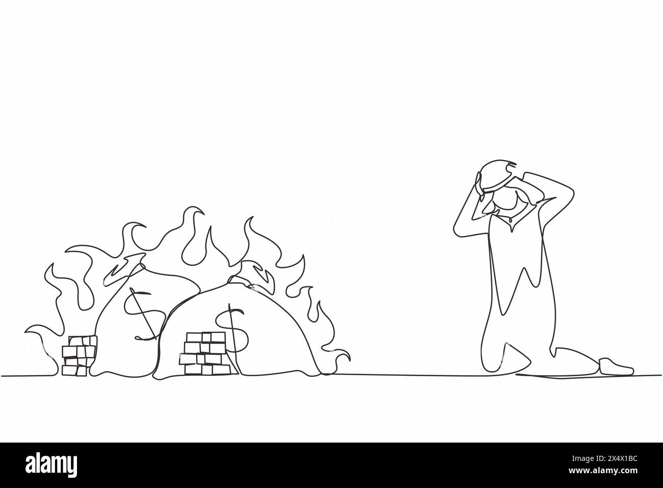 Continuous one line drawing upset Arab businessman kneeling. Finances ...