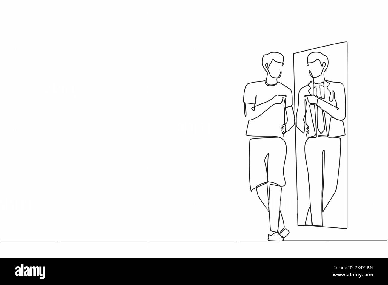 Continuous one line drawing man looking in big mirror see himself as ...