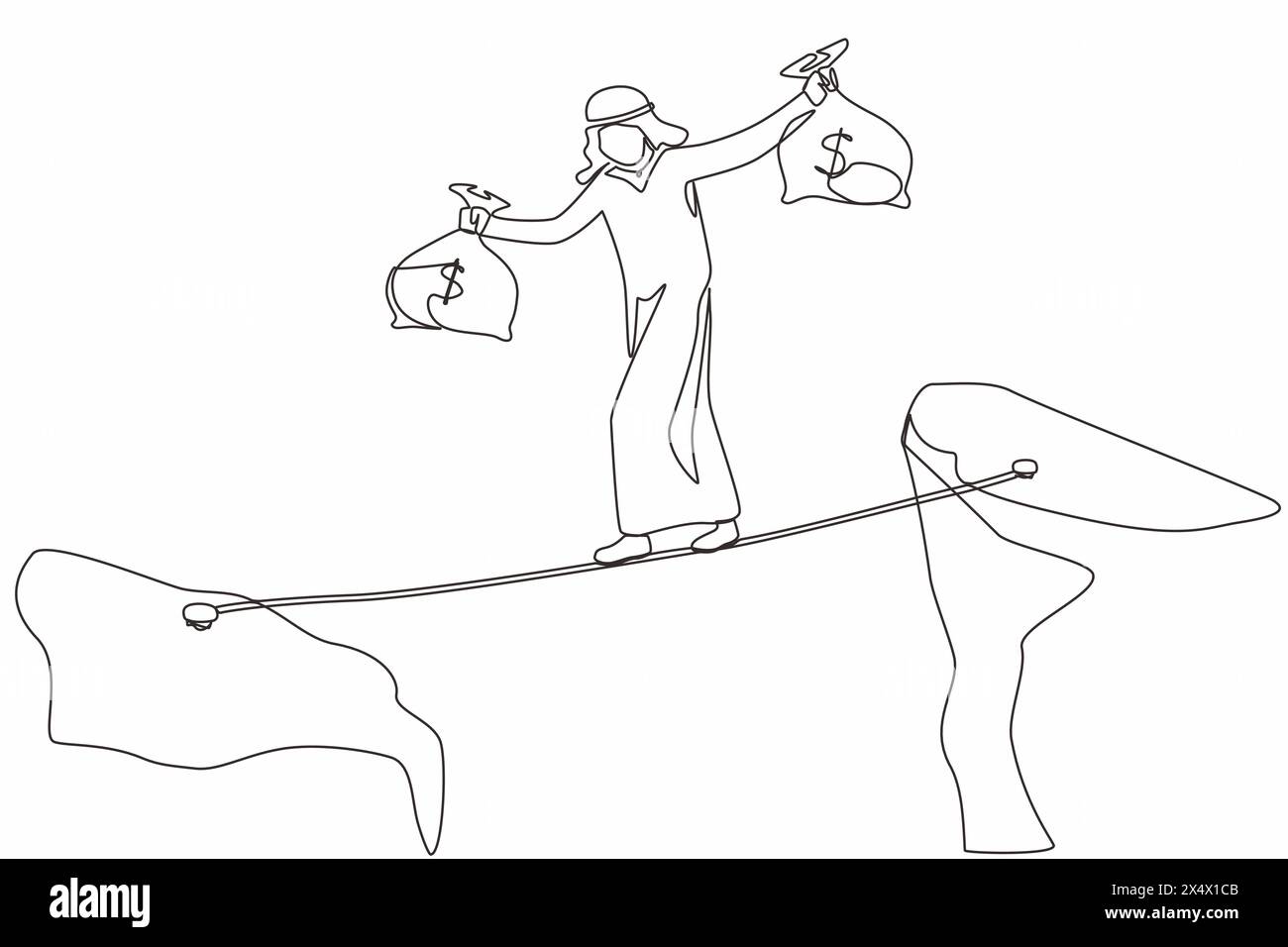Continuous one line drawing Arabian businessman walk over cliff gap ...
