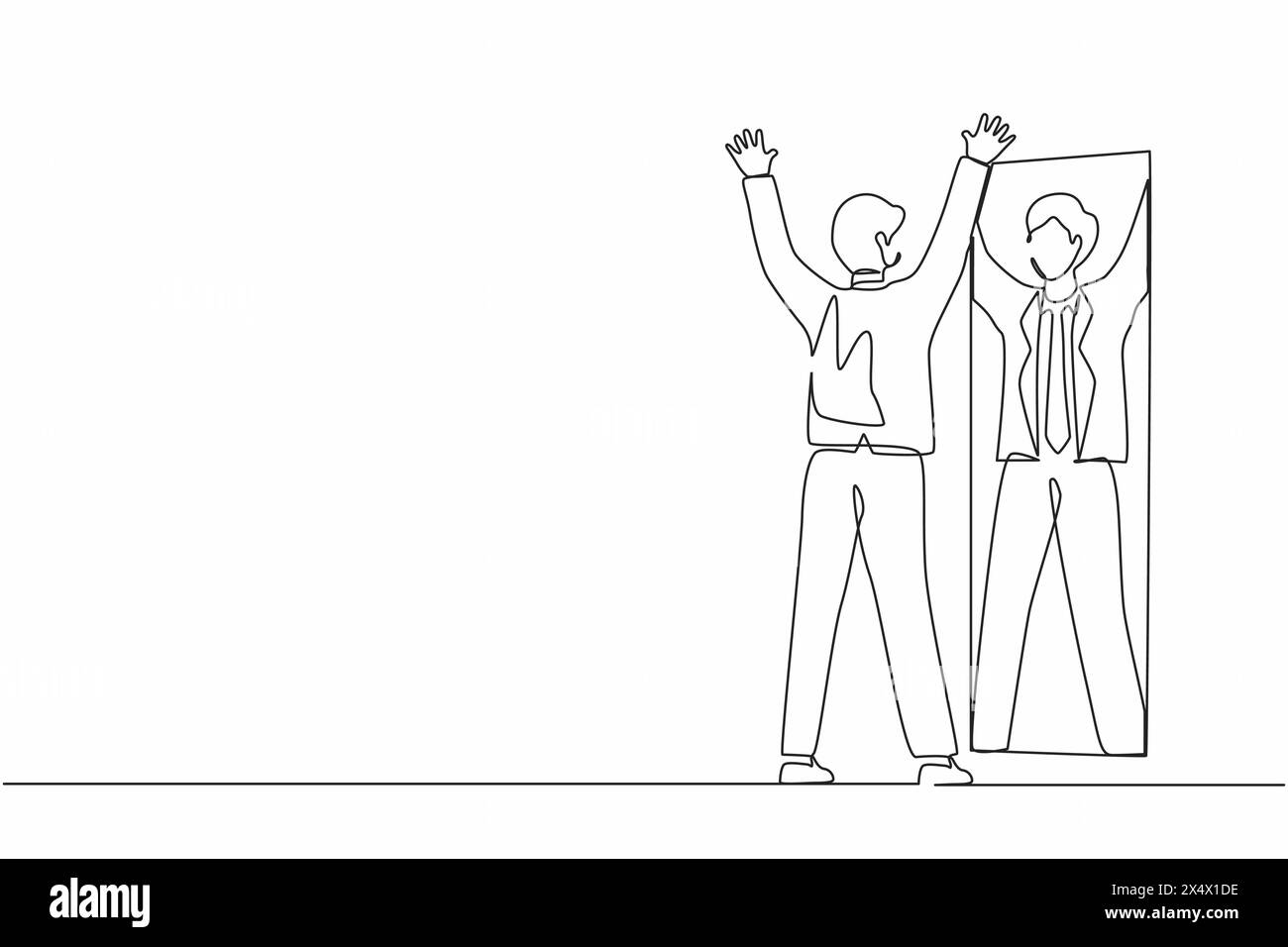 Single continuous line drawing happy businessman look in mirror with ...