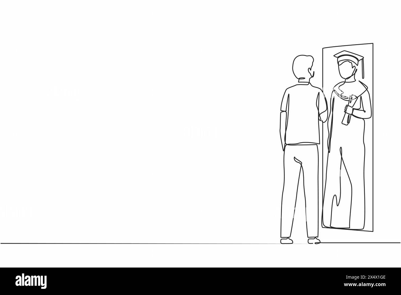 Single one line drawing businessman standing in front of mirror looking ...