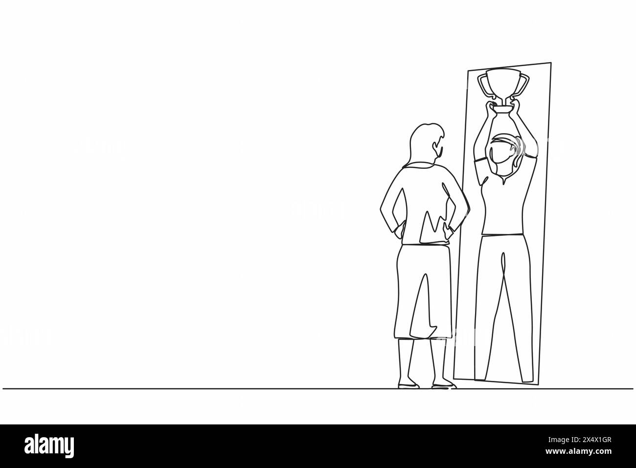 Single one line drawing girl standing in front of mirror looking at her ...