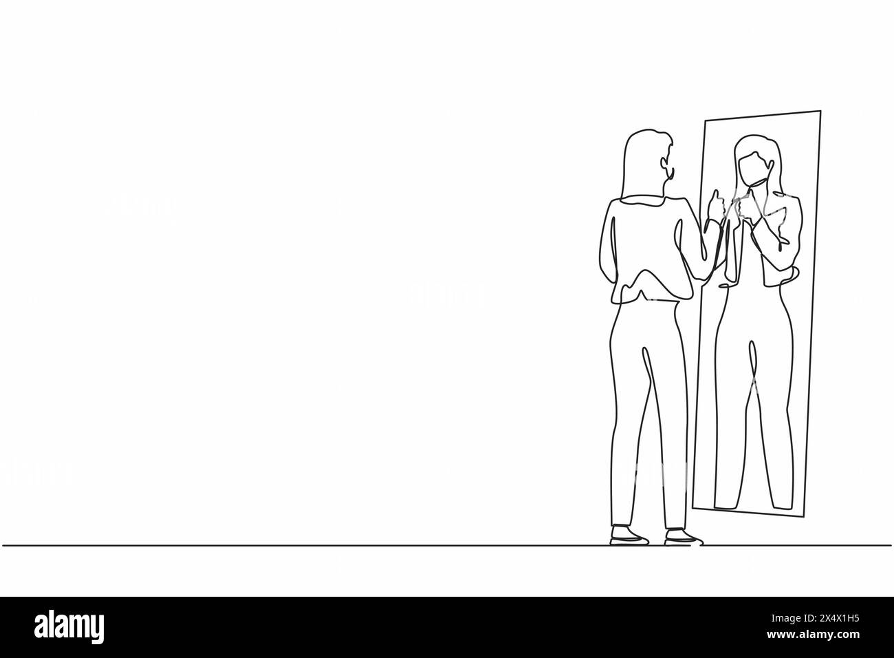 Single continuous line drawing businesswoman loves to look at her ...