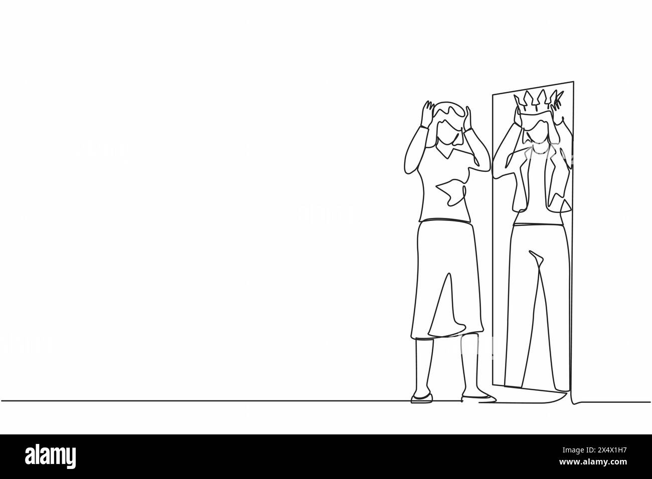 Continuous one line drawing narcissistic businesswoman looking at ...
