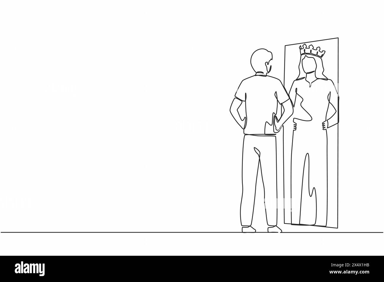 Single continuous line drawing Arab businessman looking at mirror and ...