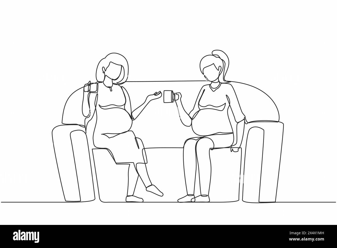 Single one line drawing two girls are sitting on couch. They drink tea ...
