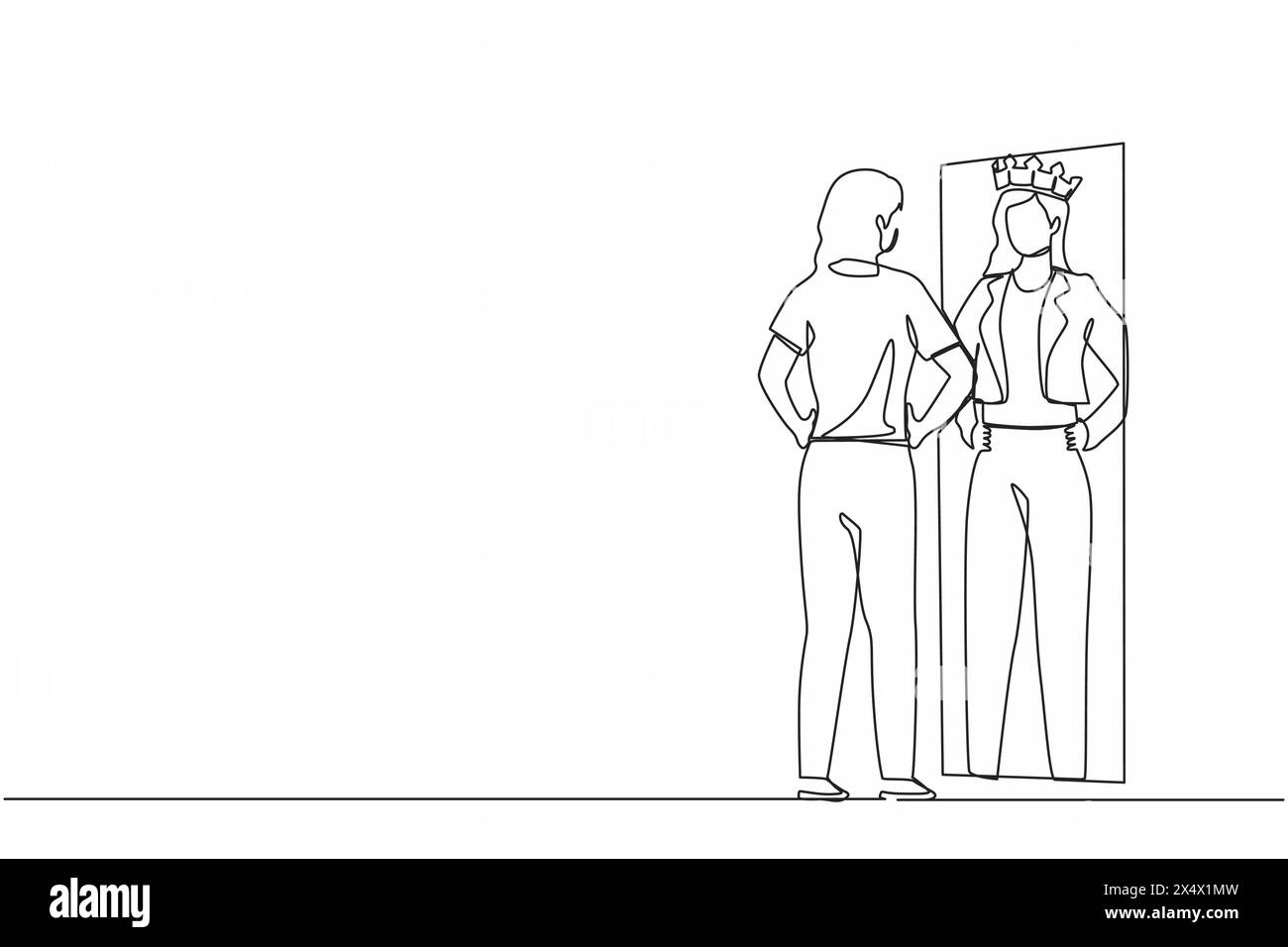 Continuous one line drawing narcissistic businesswoman looking at ...