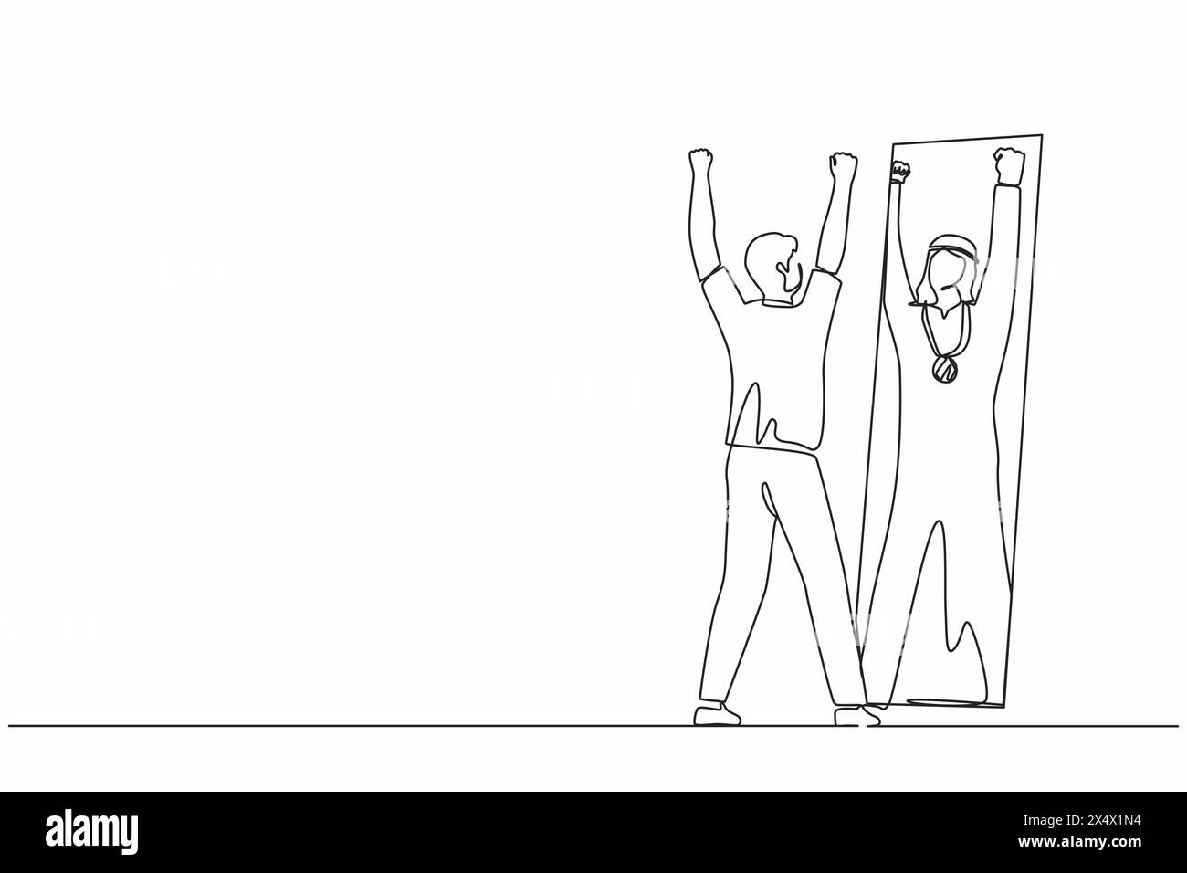 Single one line drawing narcissistic Arab businessman looking at mirror ...