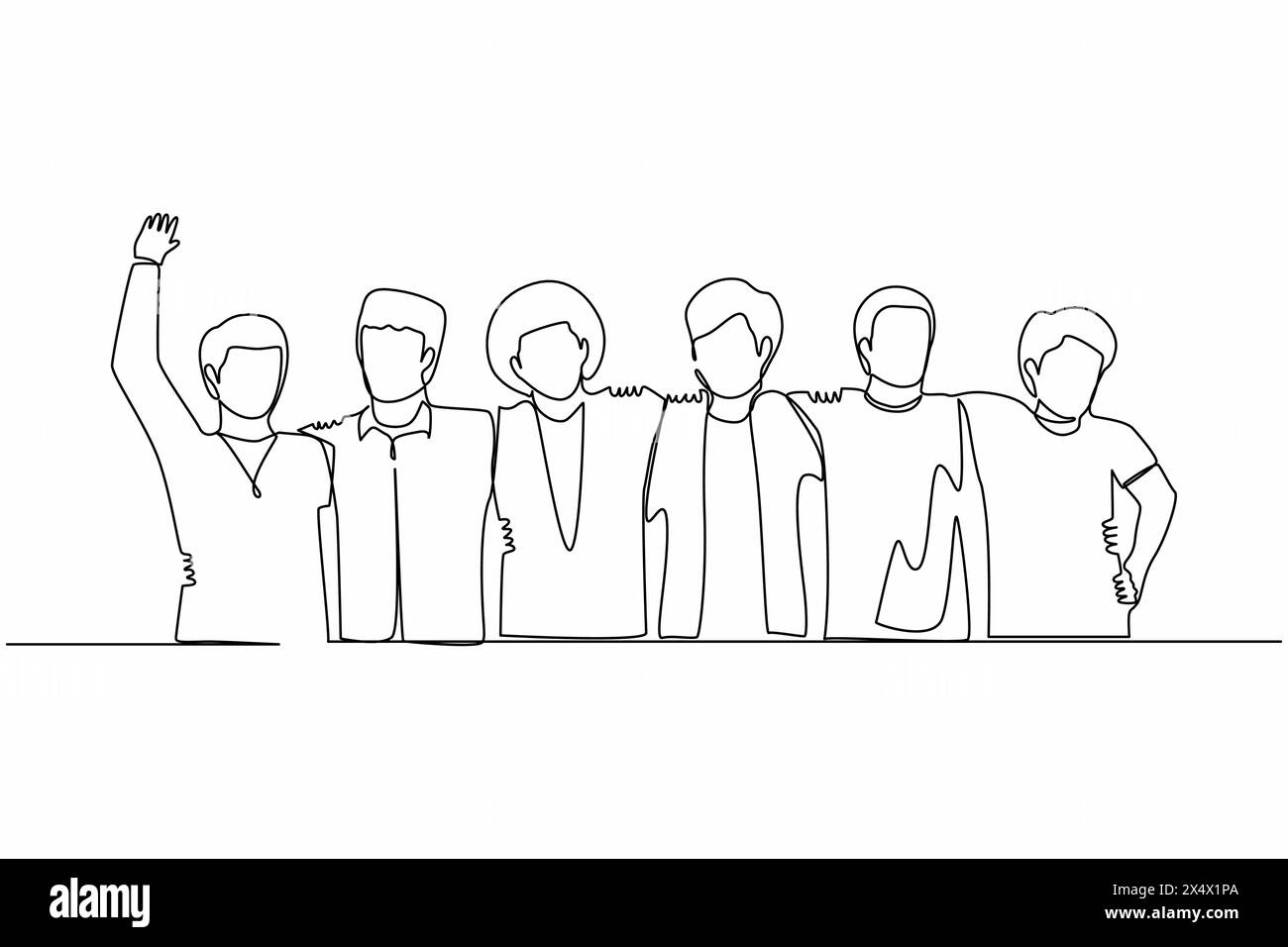 Single continuous line drawing group of young men are hugging. Male ...