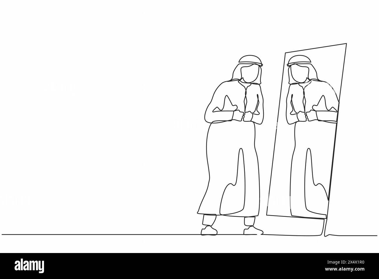 Single continuous line drawing Arab businessman looking at mirror, look ...