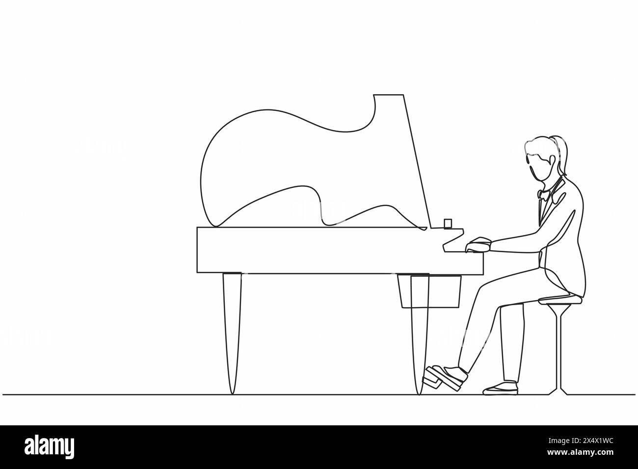 Single one line drawing woman plays piano. Female performer sits at ...