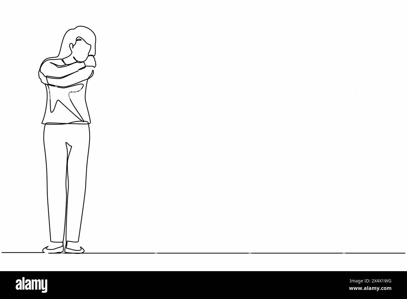 Single one line drawing love yourself. Young woman hugging oneself ...