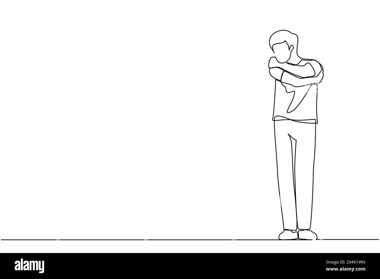 Single continuous line drawing man hugging himself with positive ...