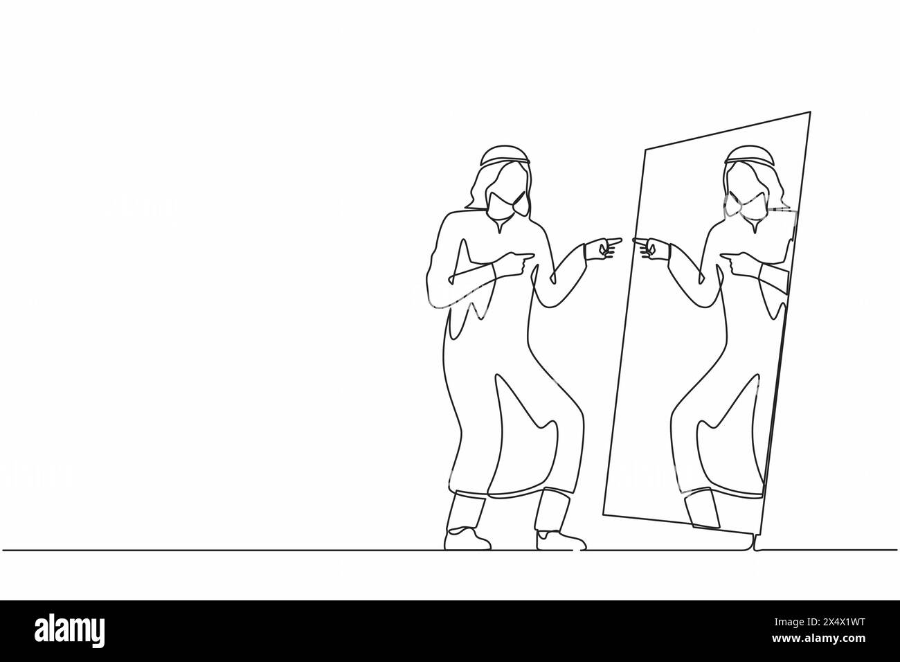 Continuous one line drawing narcissistic Arabian businessman looks at ...