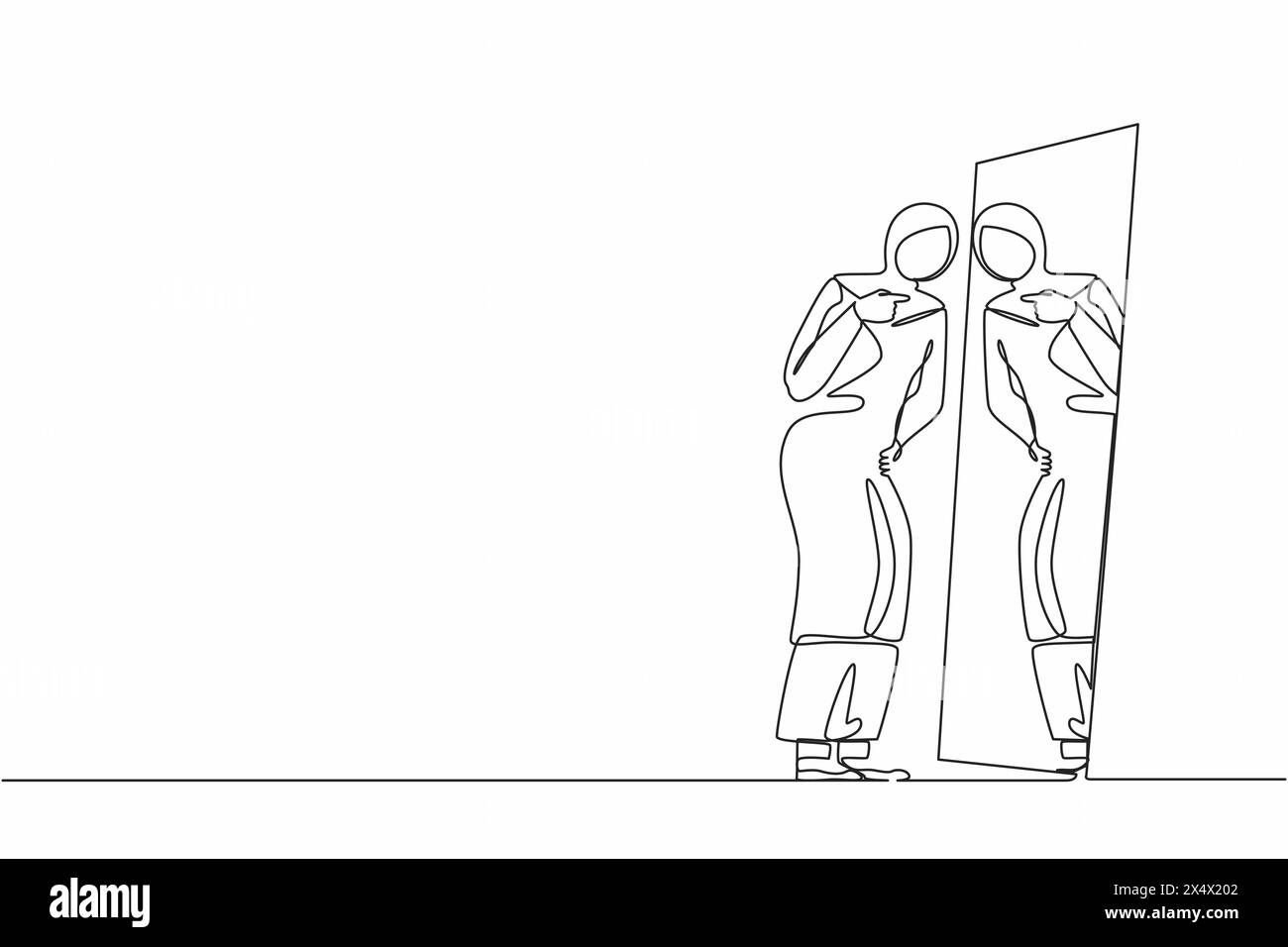 Continuous one line drawing angry Arab businesswoman fight with mirror ...