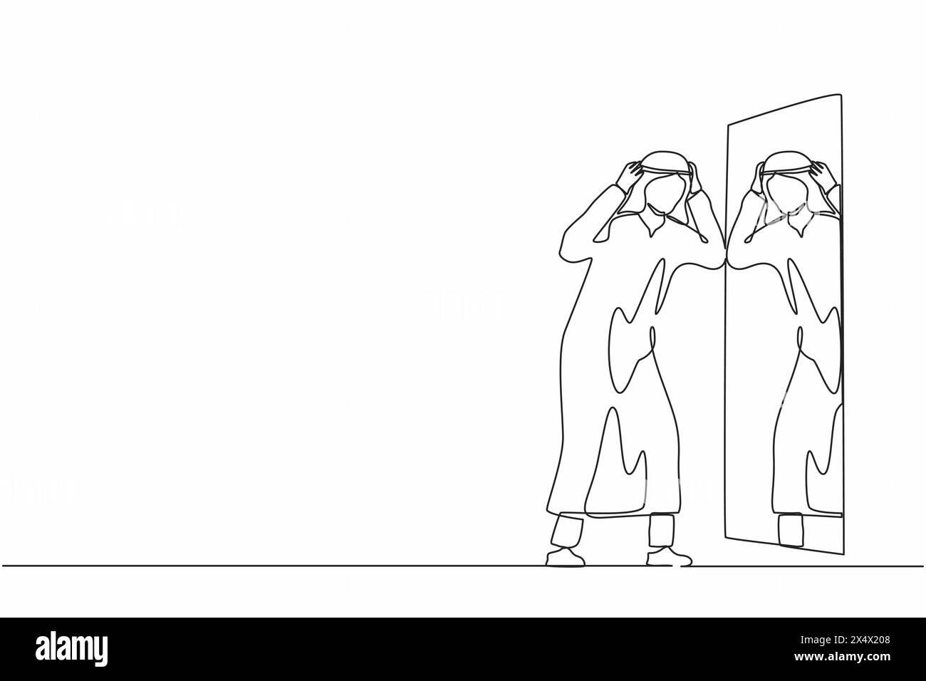 Continuous one line drawing frustrated Arab businessman see himself ...