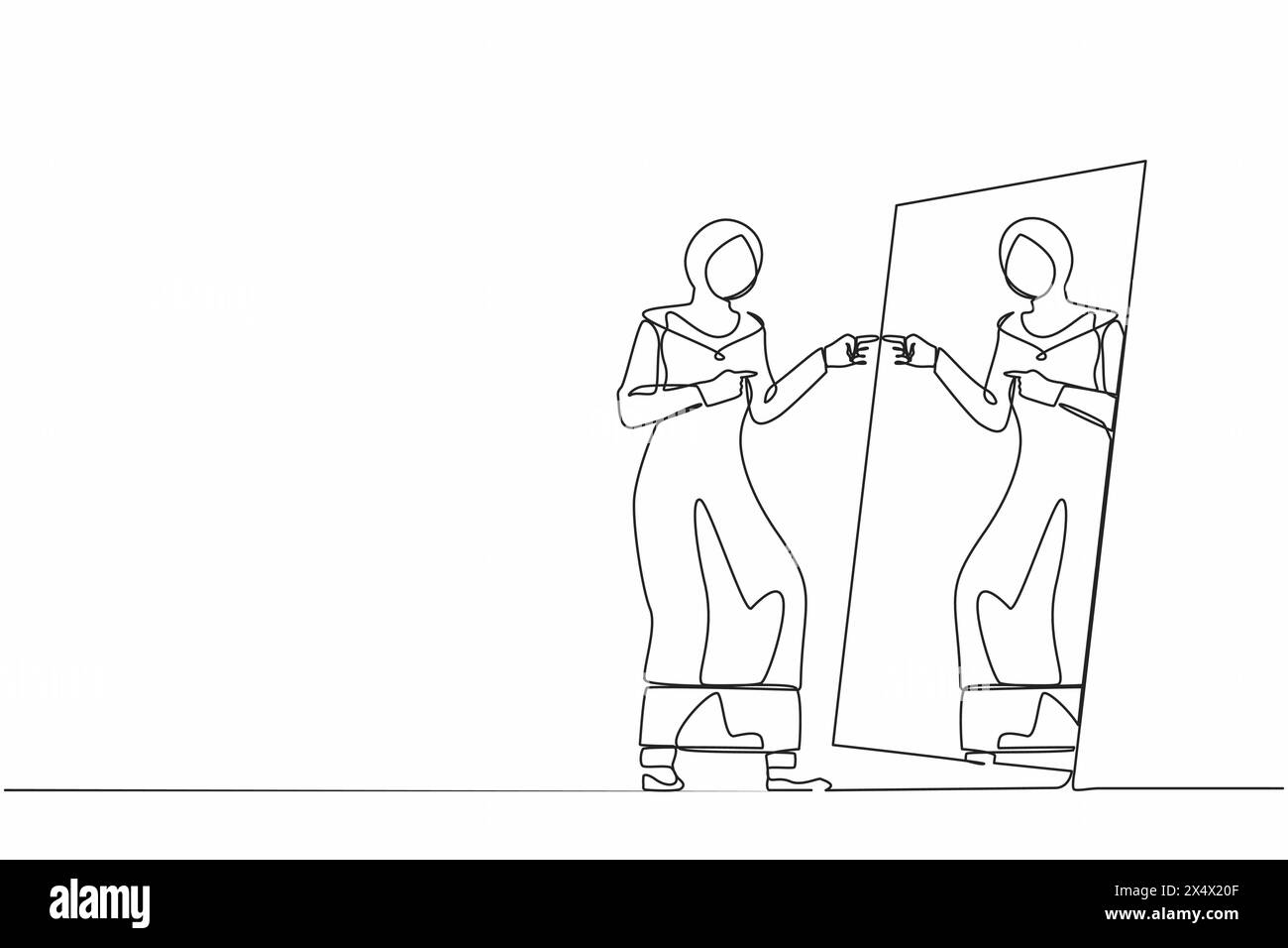 Single continuous line drawing narcissistic Arab businesswoman looks at ...