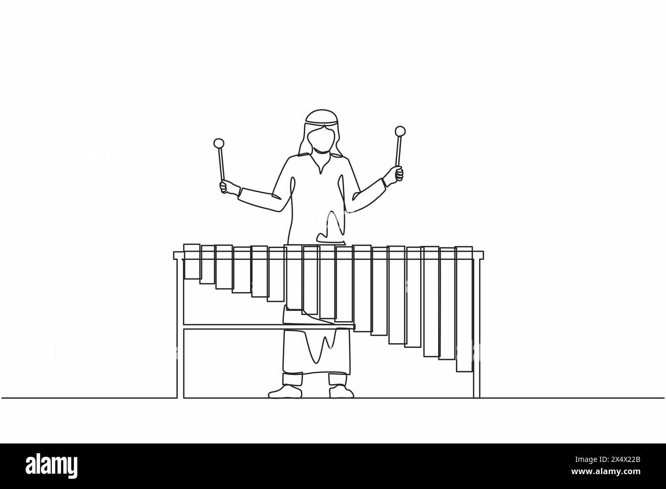 Single continuous line drawing Arab man percussion player play marimba ...