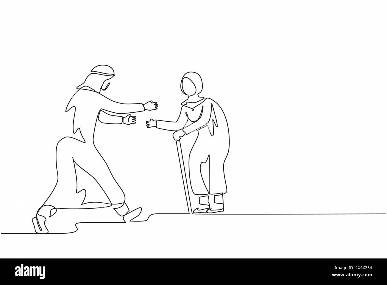 Single continuous line drawing happy Arab man running to meet ...