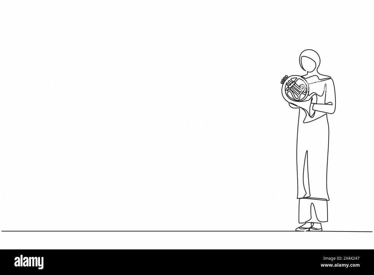 Single continuous line drawing Arab female musician in hijab performing ...