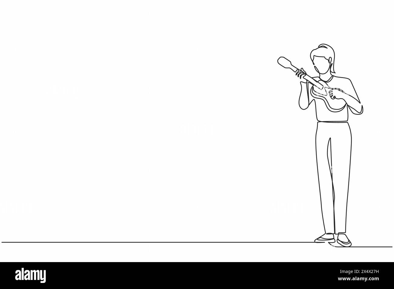 Single continuous line drawing joyful girl playing on ukulele and ...