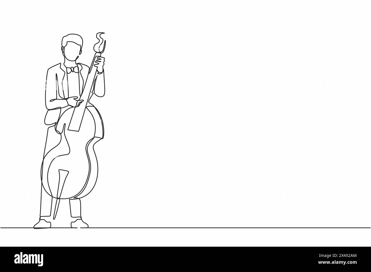 Continuous one line drawing double bass player standing with big string ...