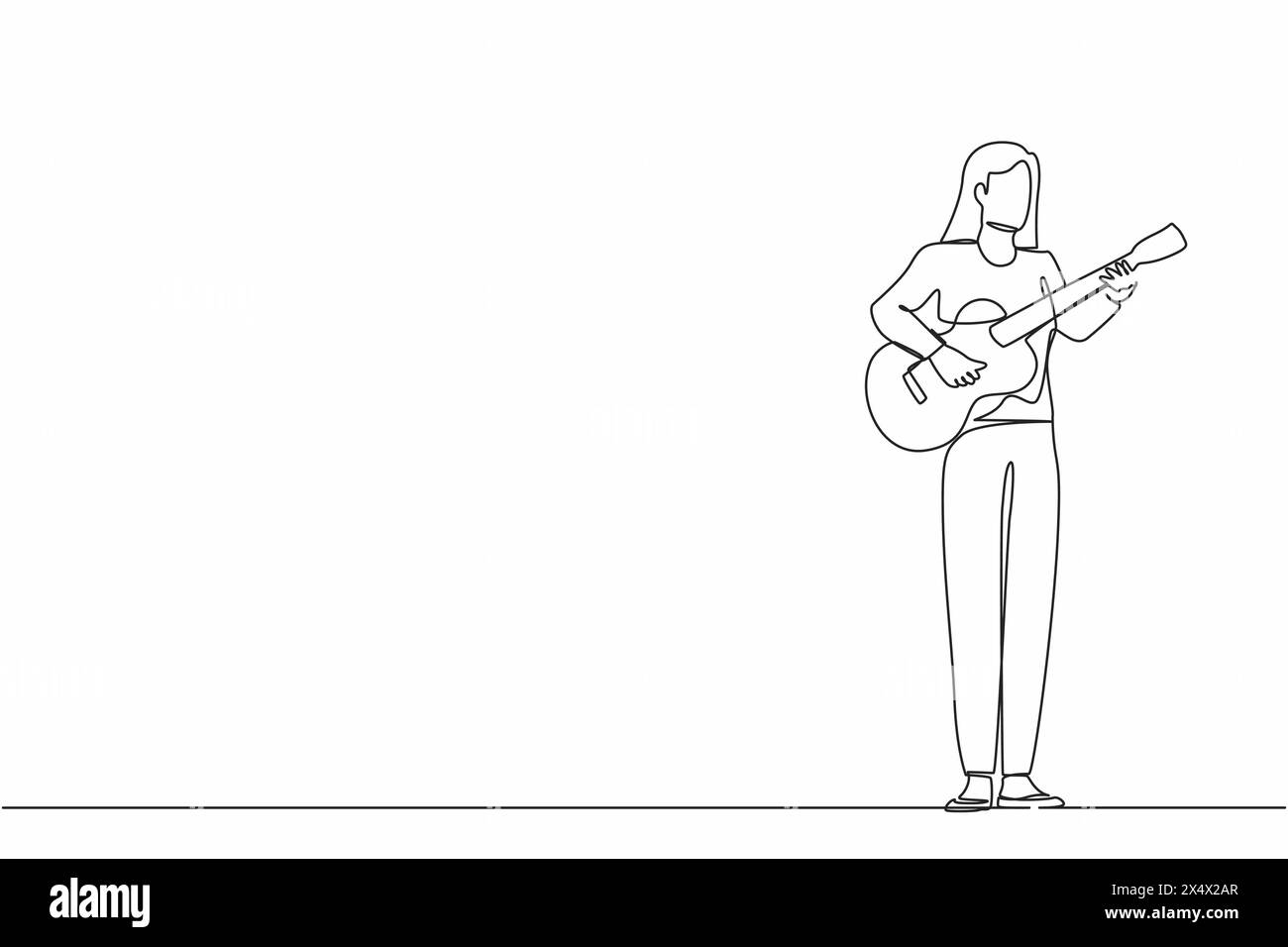Continuous one line drawing young woman playing acoustic guitar ...