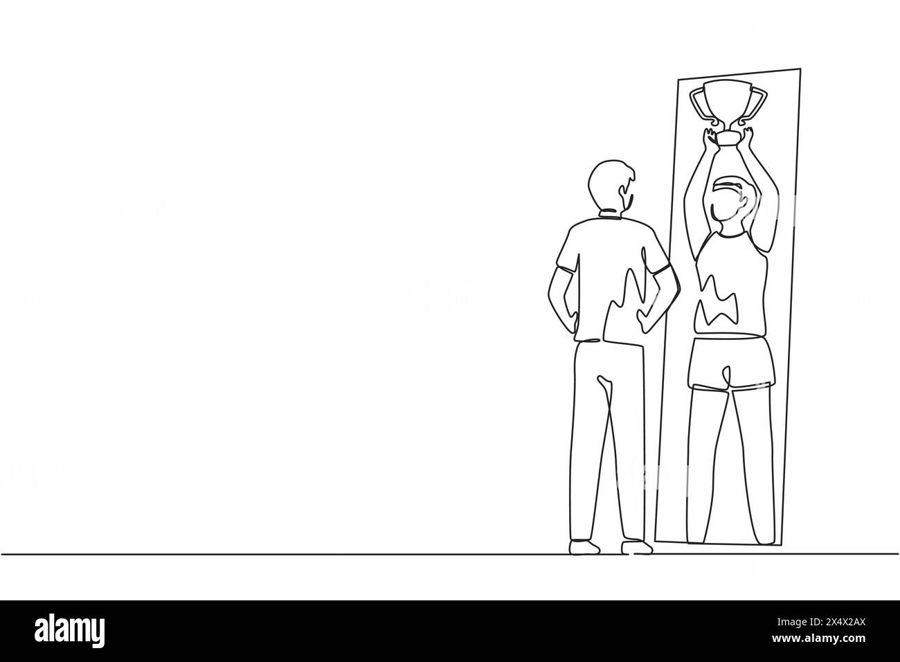 Continuous one line drawing guy standing in front of mirror looking at ...