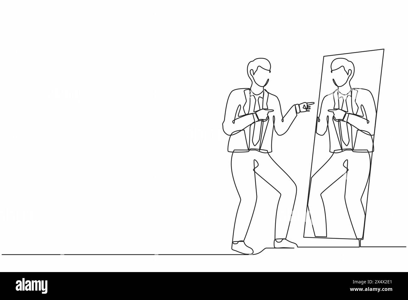 Single one line drawing happy narcissistic businessman looks at mirror ...