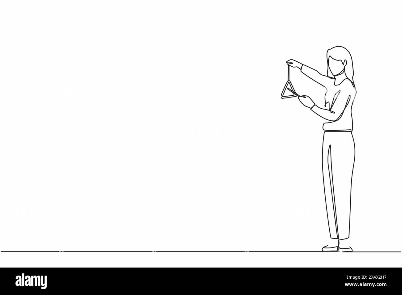 Single continuous line drawing female musician playing musical triangle ...