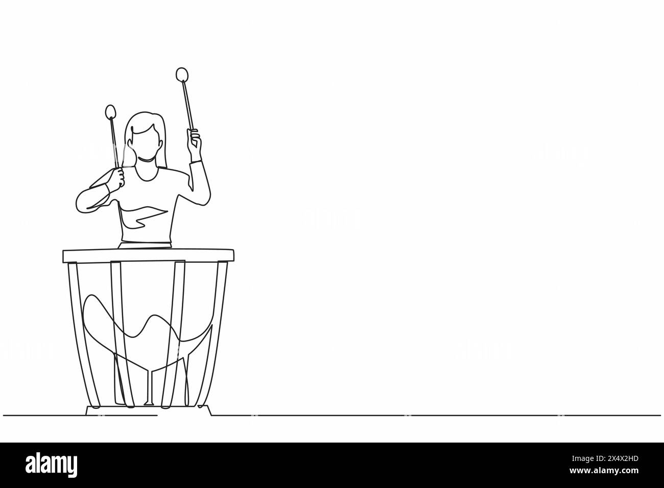 Continuous one line drawing female percussion player play on timpani ...