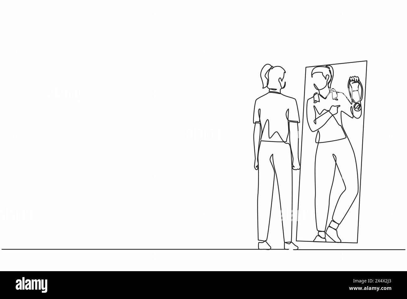 Single one line drawing businesswoman looking at mirror and seeing in ...