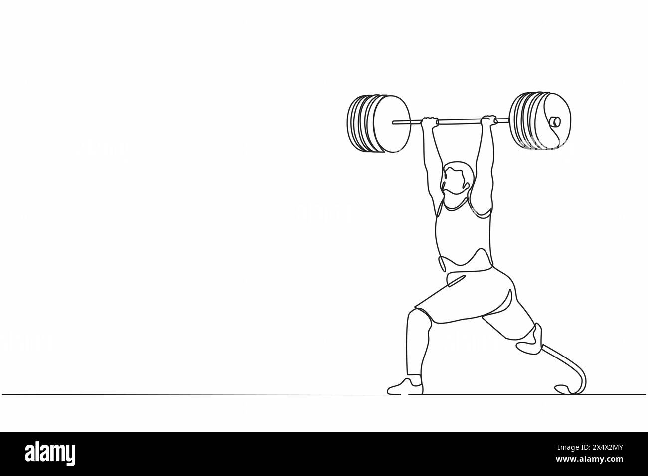 Continuous one line drawing disability male powerlifter lifting barbell. Disabled sportswoman ...