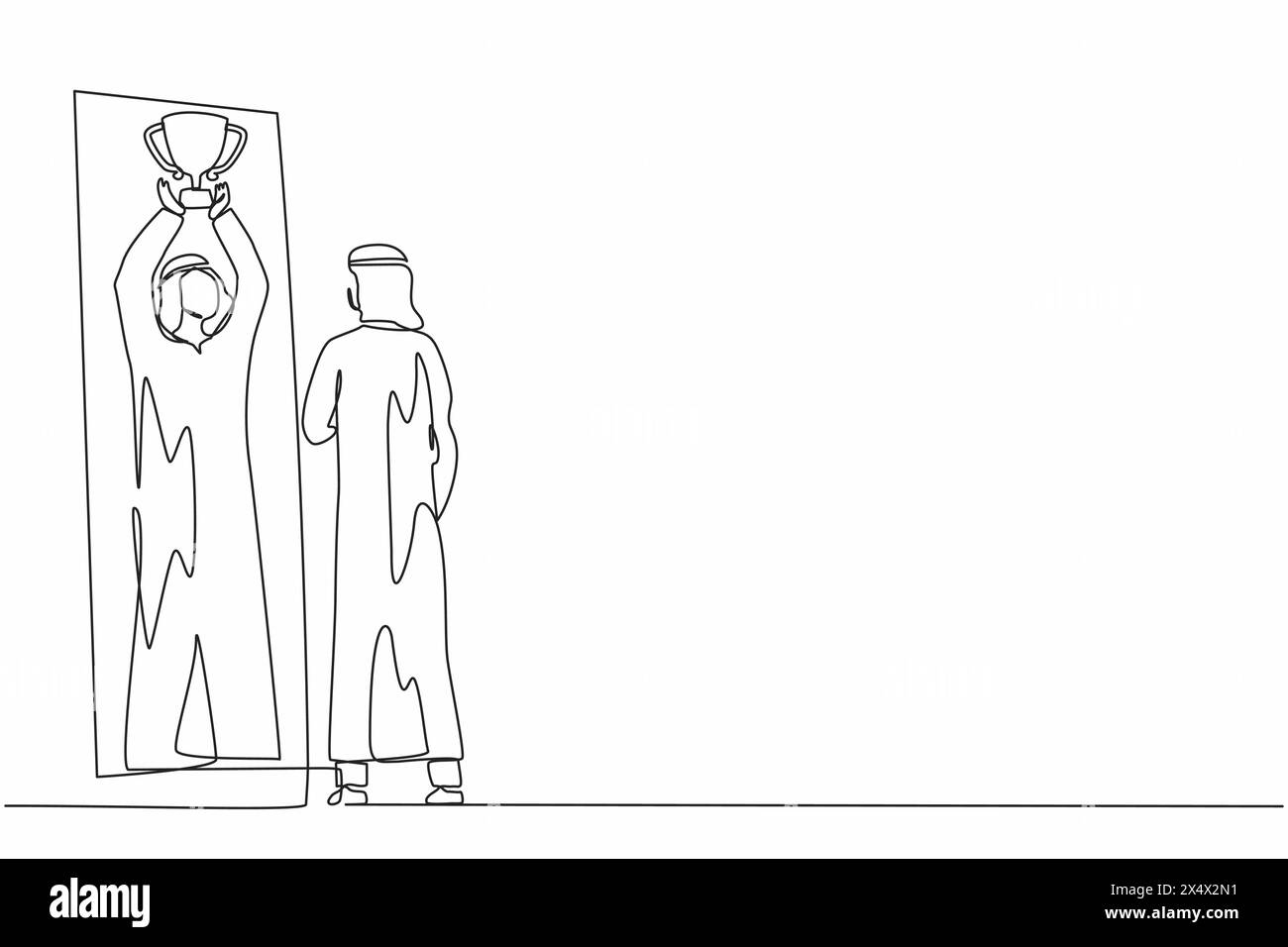 Single continuous line drawing Arabian businessman looking himself ...