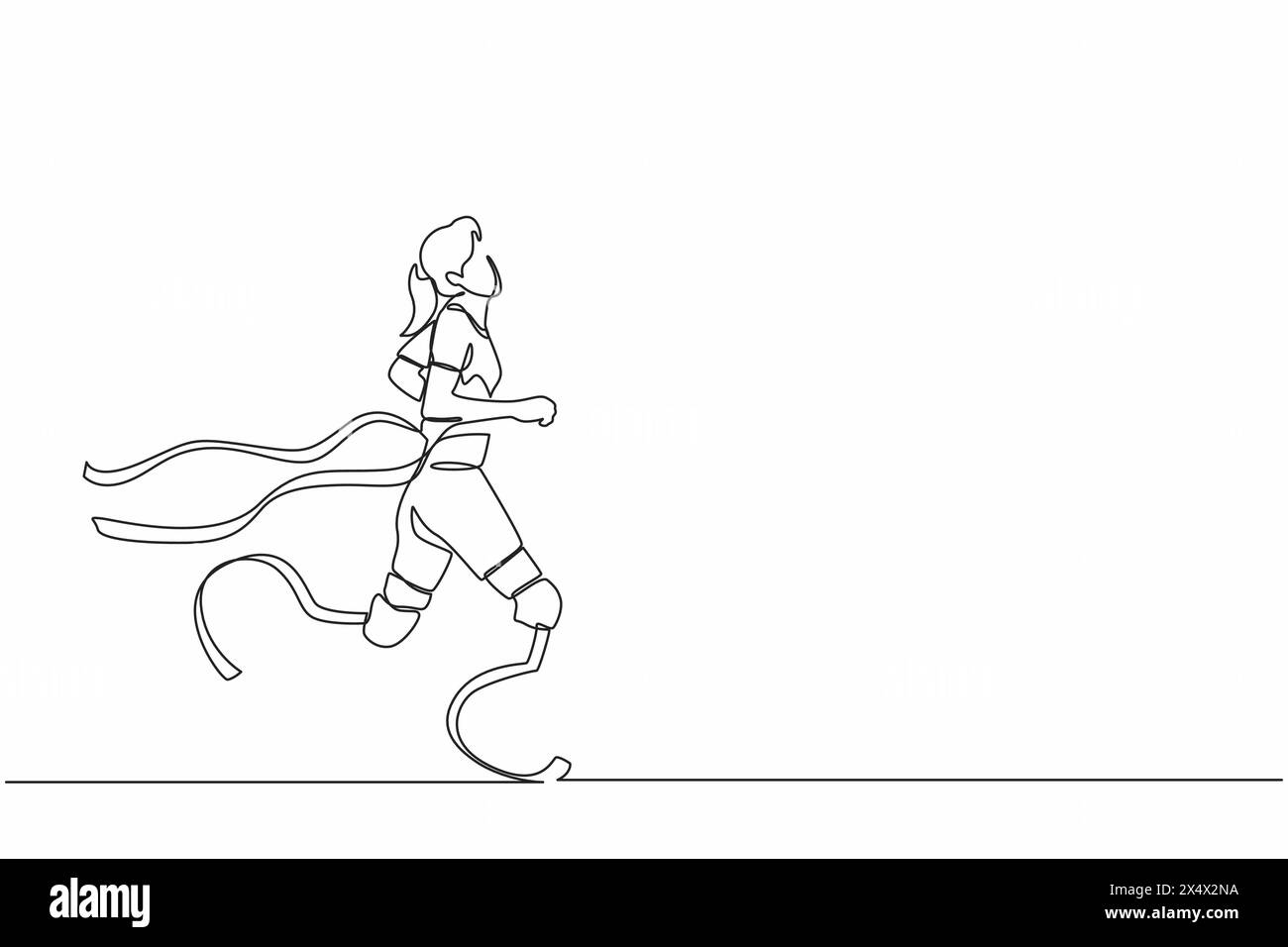 Single continuous line drawing young female athlete wins competition. Disabled sportswoman with ...