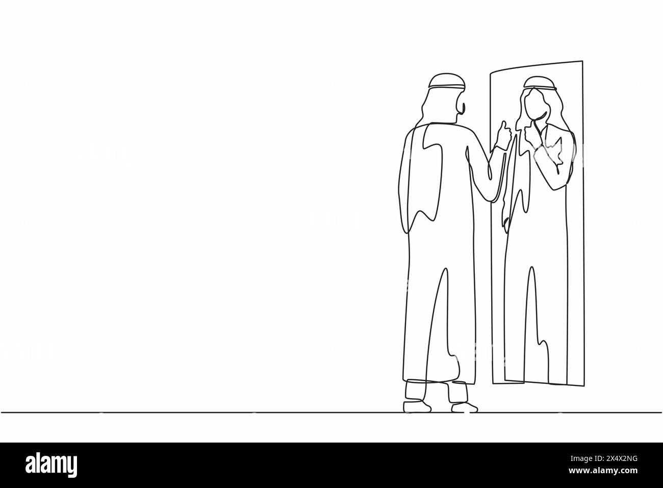 Single continuous line drawing Arabian businessman loves to look at his ...