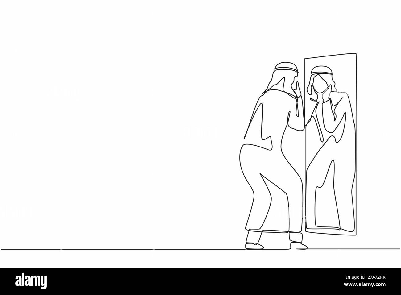 Single continuous line drawing Arab businessman holding his face on ...