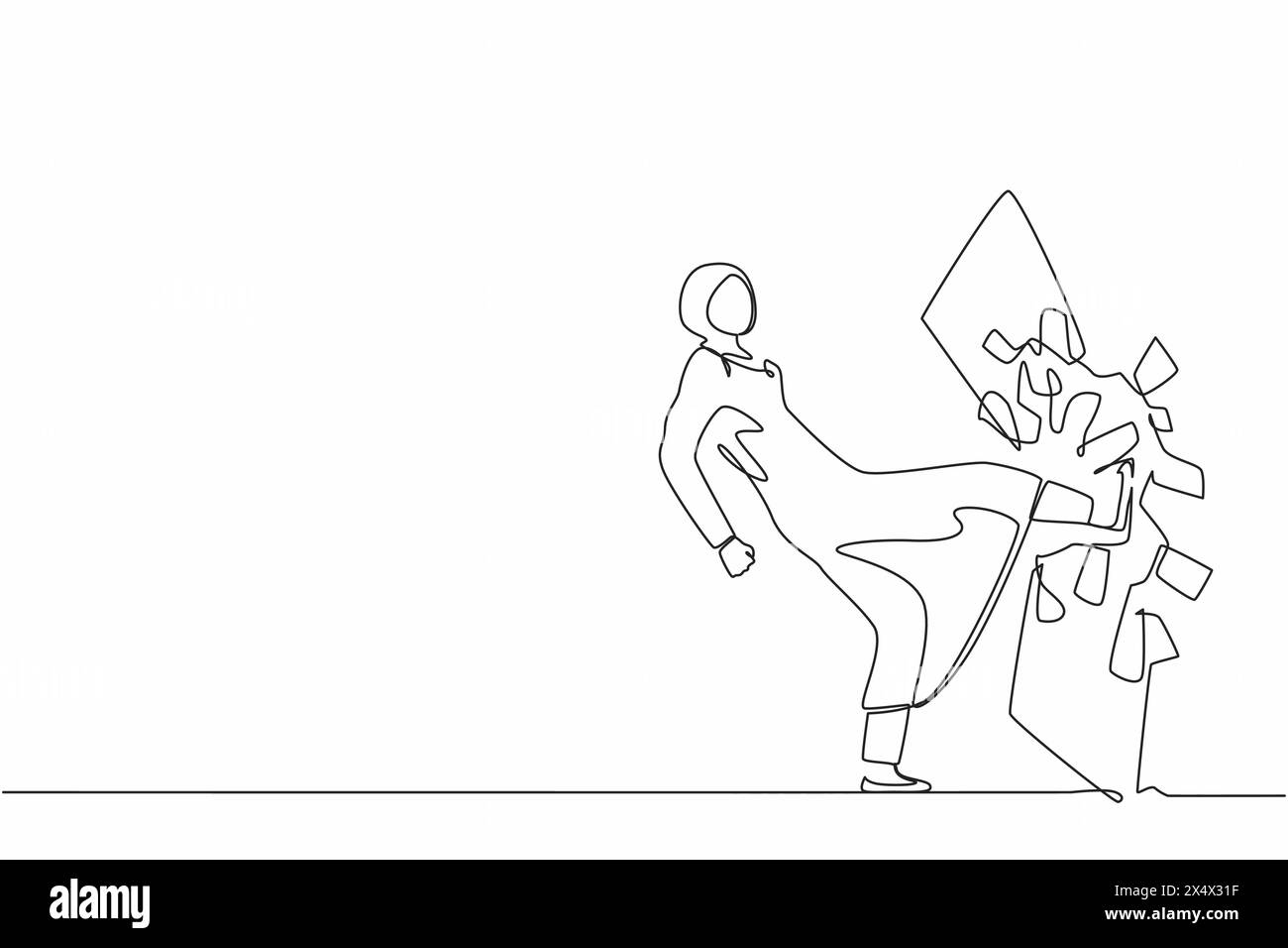 Continuous one line drawing Arab businesswoman kicked the mirror and ...
