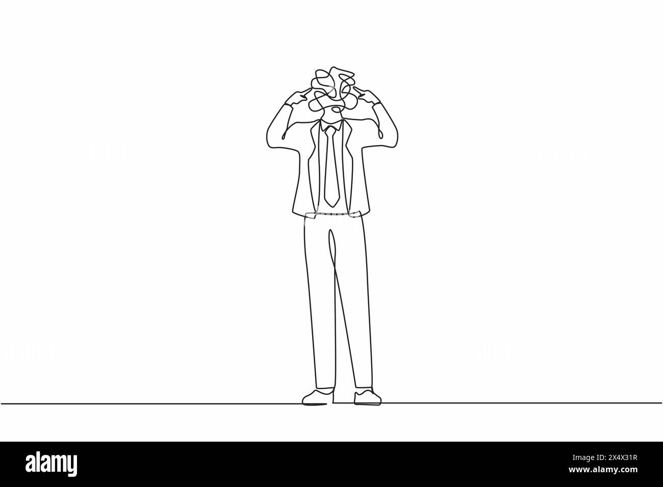 Single continuous line drawing businessman with round scribbles instead ...