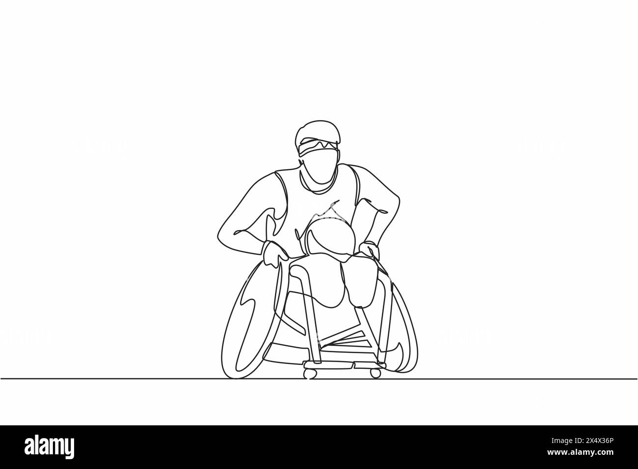 Continuous one line drawing sportsman play rugby on wheelchair sport ...