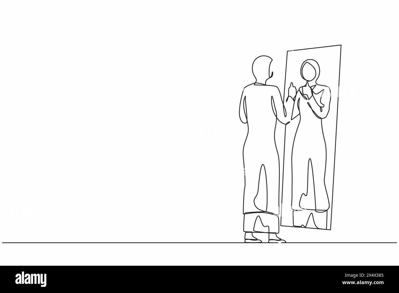 Single continuous line drawing Arab businesswoman loves to look at her ...