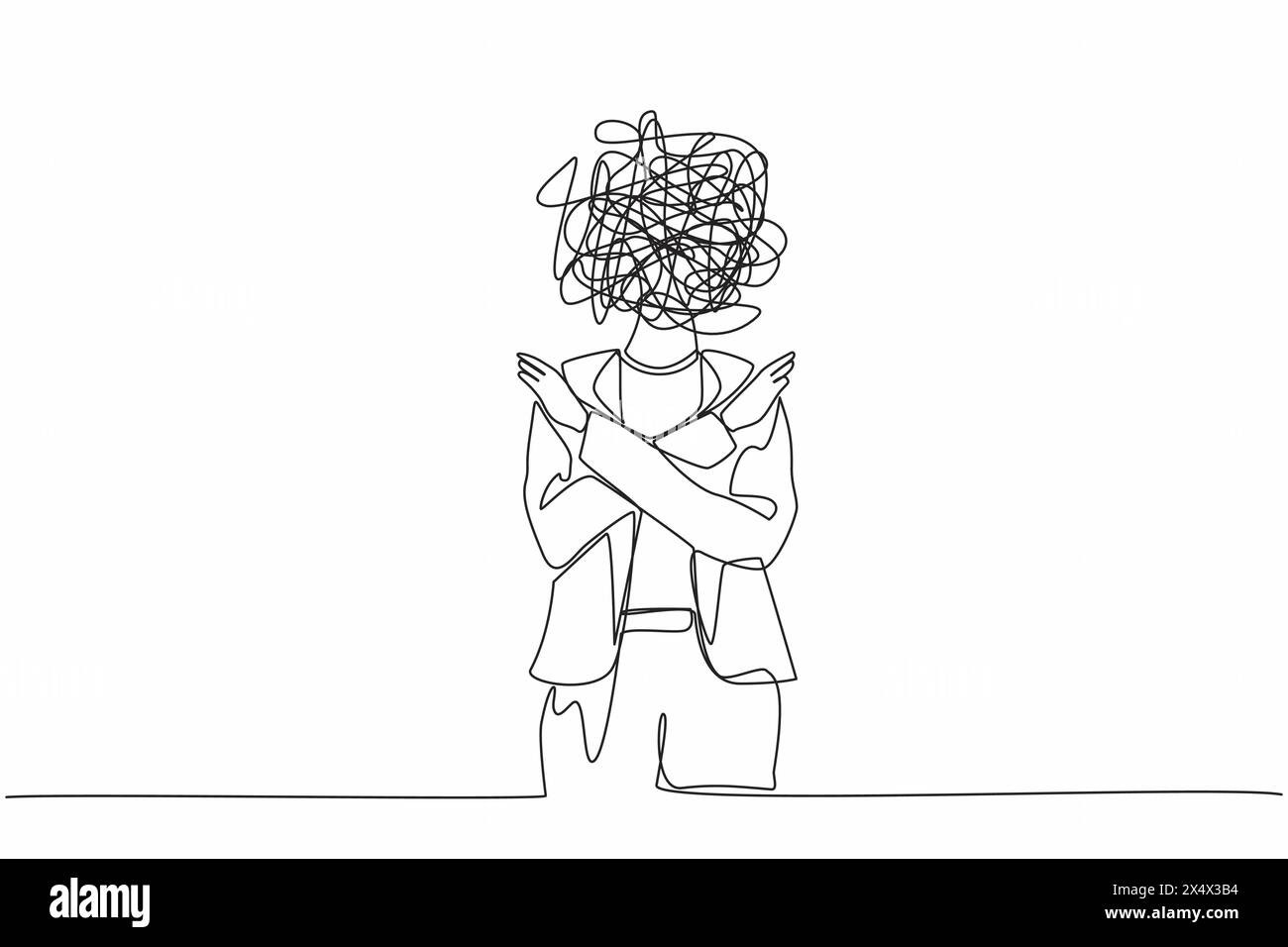 Single continuous line drawing businesswoman with round scribbles ...