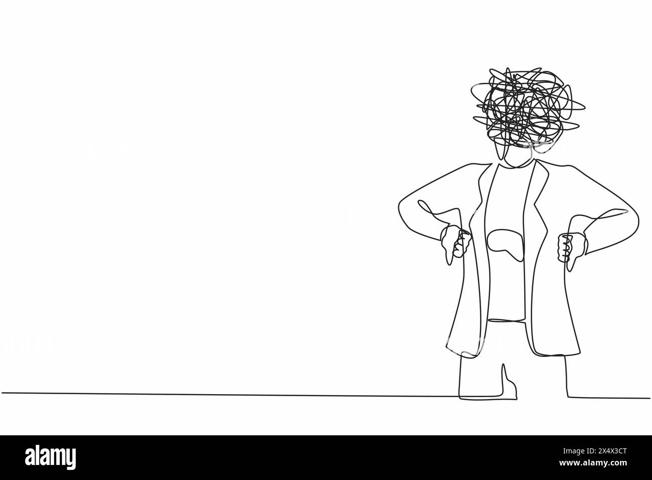 Single continuous line drawing businesswoman with round scribbles ...