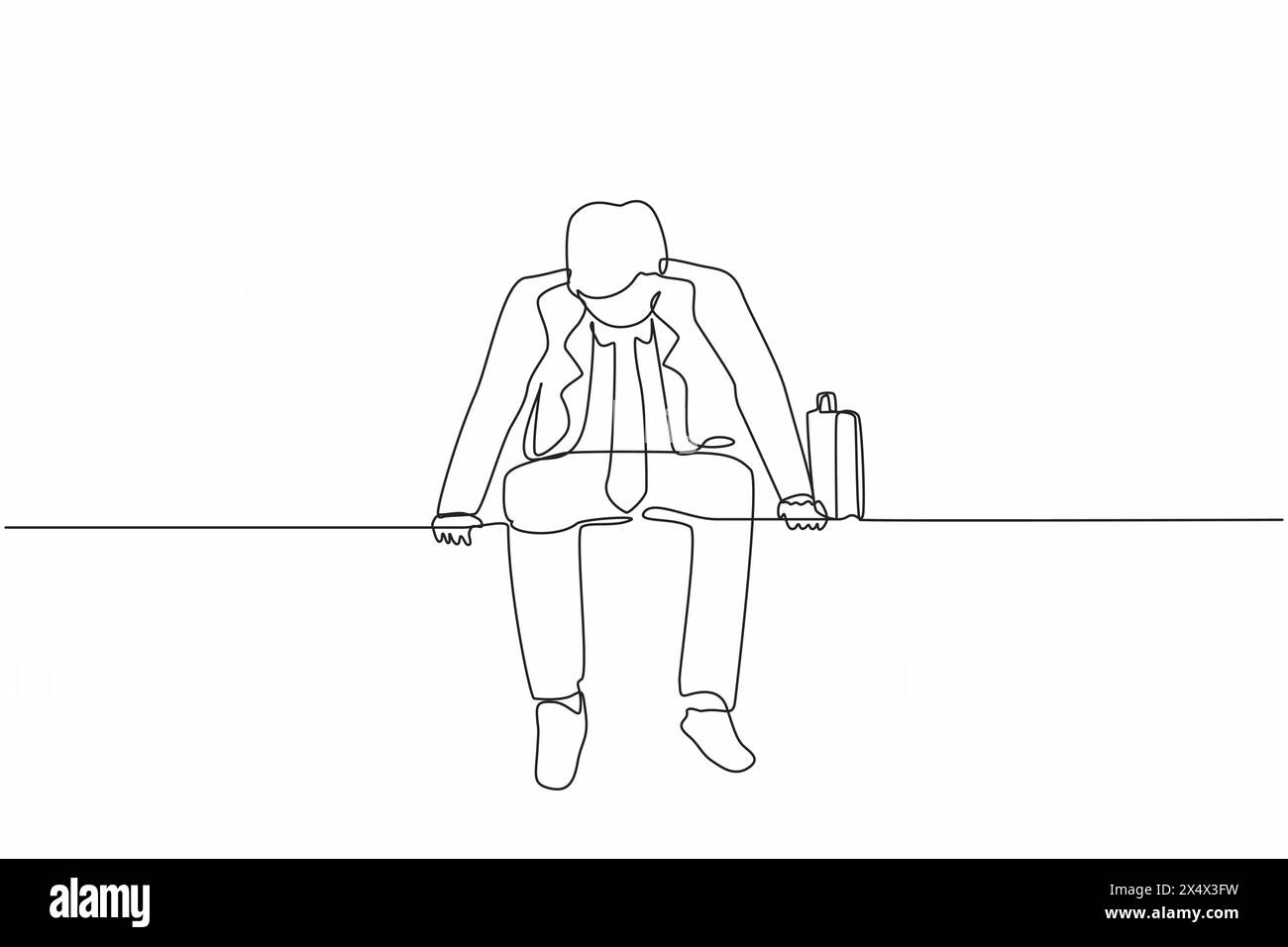 Continuous one line drawing sad businessman sits at bench alone. Man ...