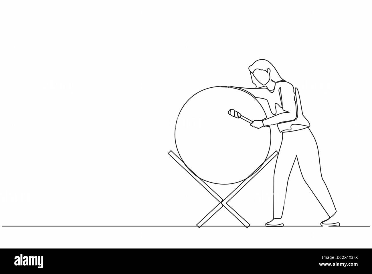 Single continuous line drawing happy woman hitting bedug or traditional ...